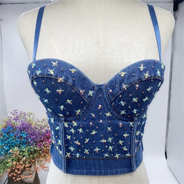 Clubwear Party Bra Women Denim Bustier Color Reflective Plastic Sequins ...