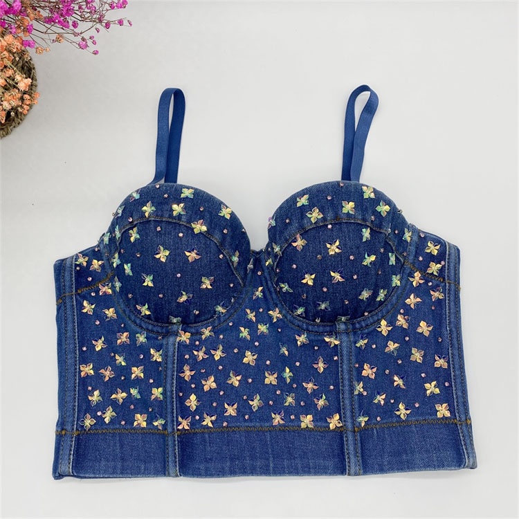 Clubwear Party Bra Women Denim Bustier Color Reflective Plastic Sequins ...